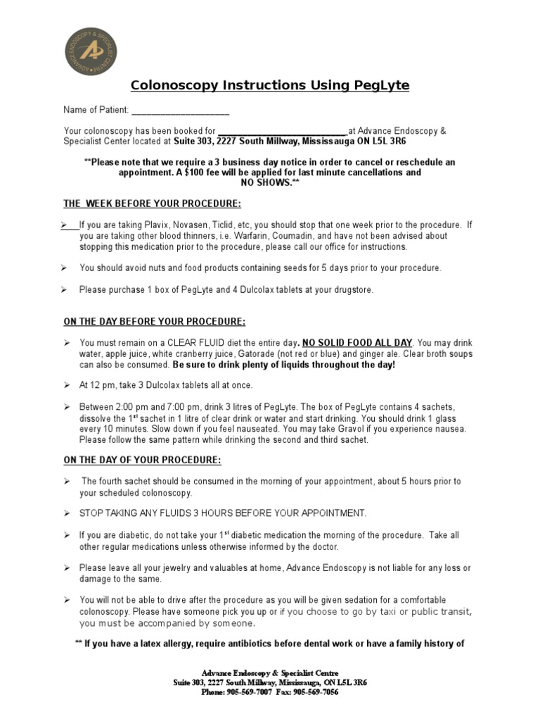 Colonoscopy Instructions Using PegLyte | PDF | Colonoscopy | Medicine