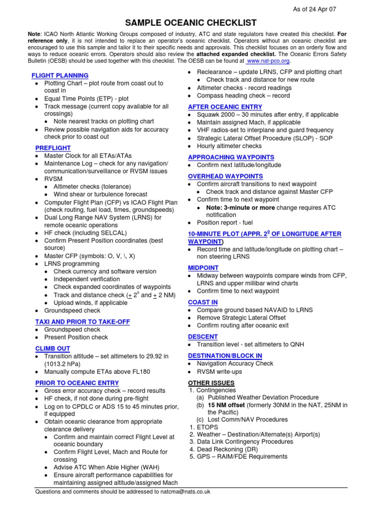 Ensuring Safety in Oceanic Airspace: A Comprehensive Sample Oceanic Checklist | PDF | Air ...