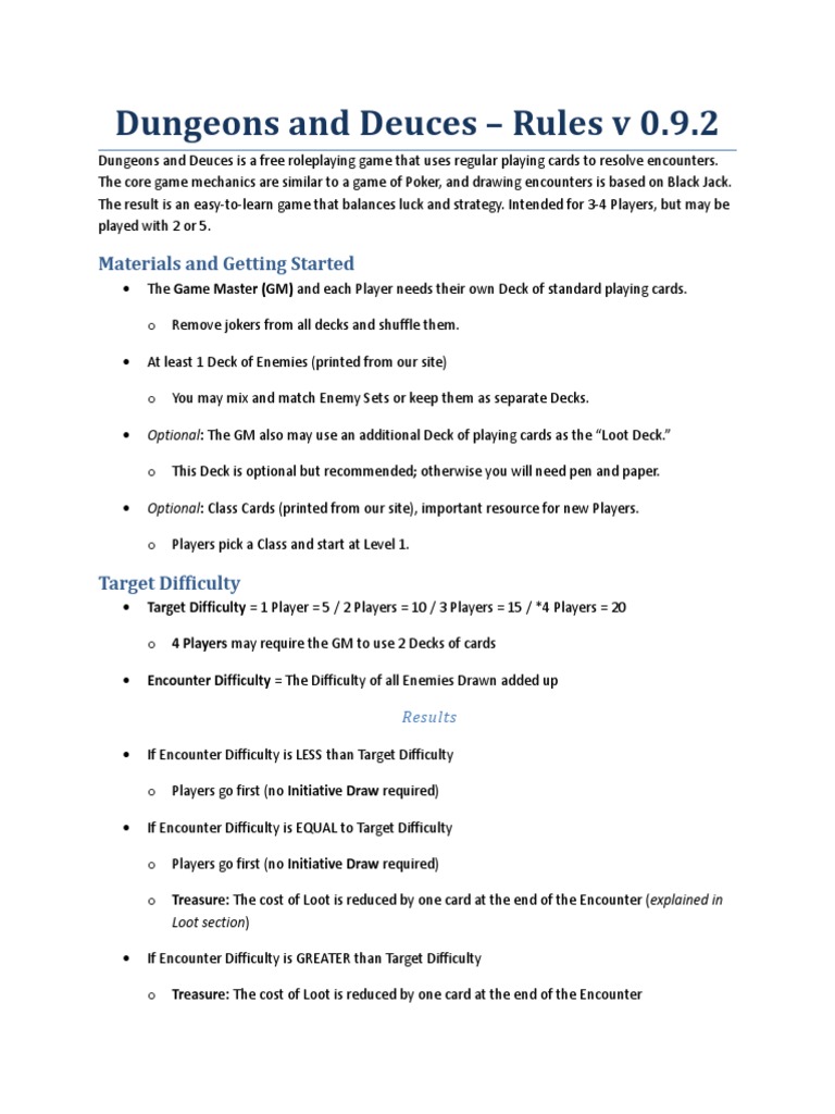 Dungeons and Deuces - Rules (v0.9.2) | PDF | Playing Cards | Ephemera