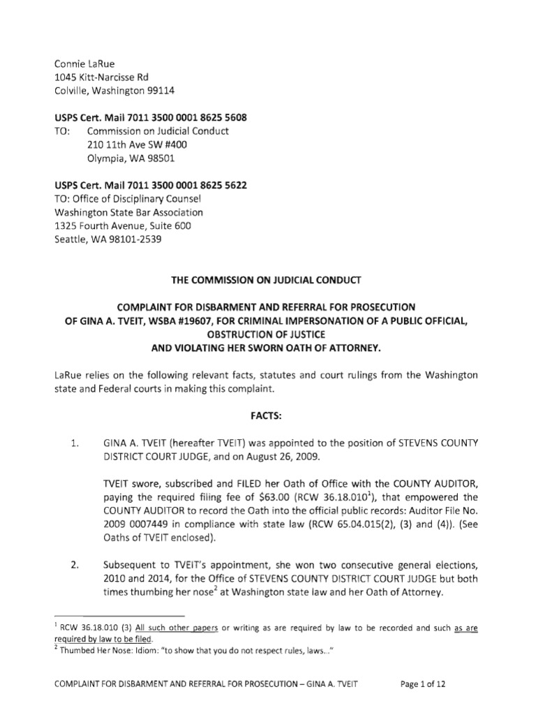 Tveit Complaint Disbarment/Prosecution WSBA and Commission On Judicial ...