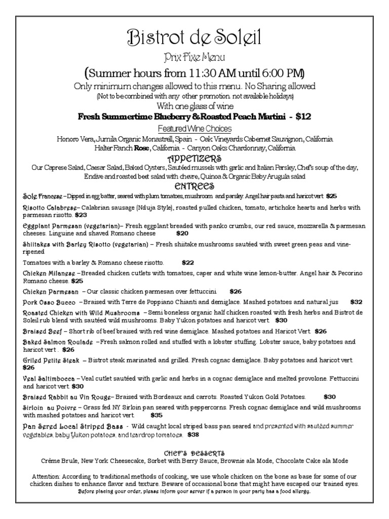 Bistrot de Soleil Prix Fixe Summer Menu | PDF | Grilling | Steak