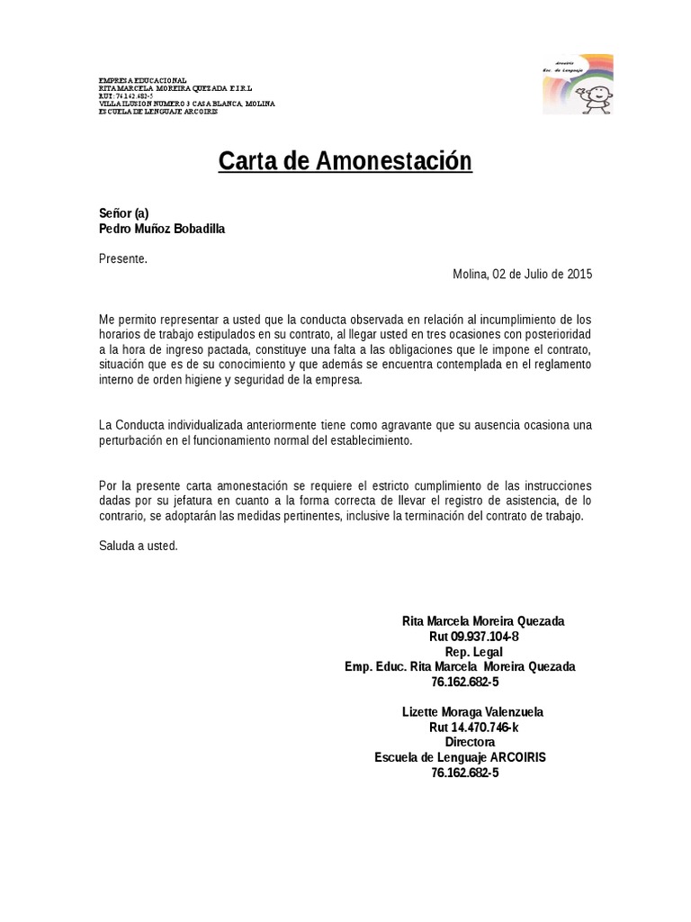 Carta De Amonestacion Ejemplo Carta De Amonestacion Ejemplo