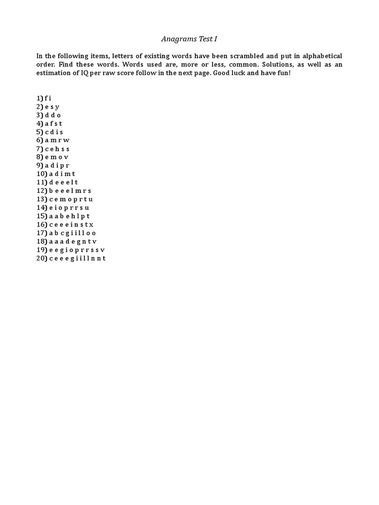 Anagrams Test I | PDF | Intelligence Quotient | Tests
