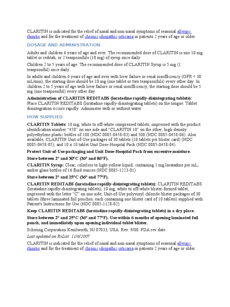 CLARITIN Is Indicated For The Relief of | PDF | Pharmacokinetics | Allergy