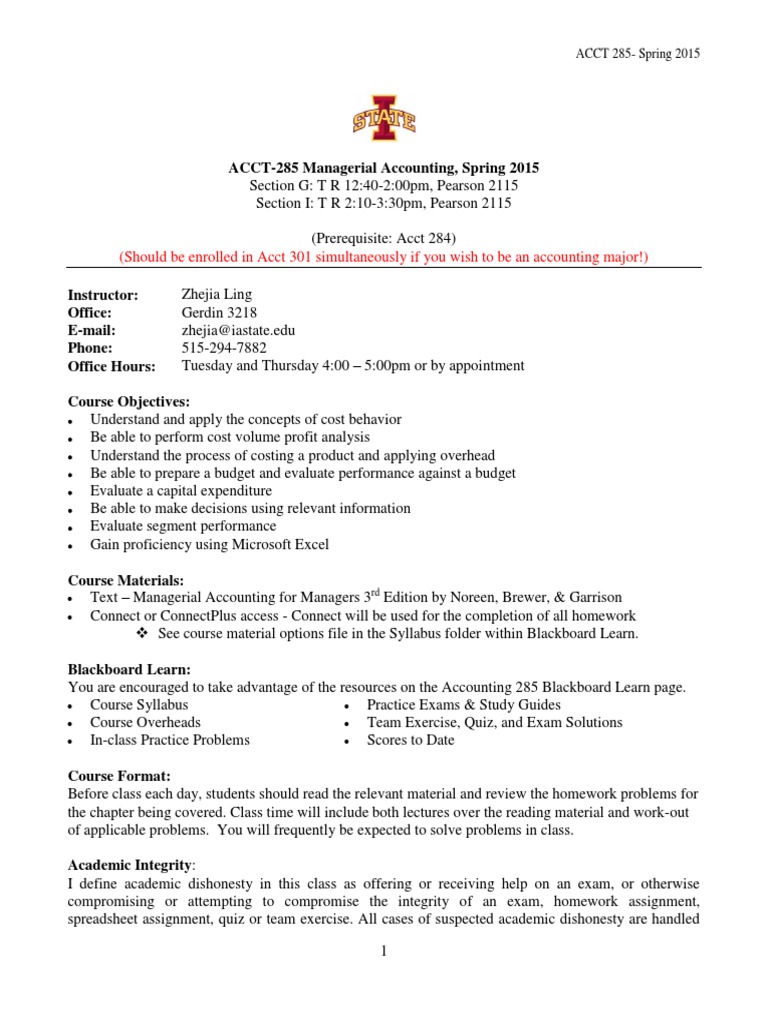 Acct 285 Syllabus | PDF | Homework | Quiz