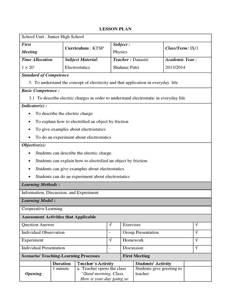 Electrostatics ( Lesson Plan ) | Electrostatics | Lesson Plan