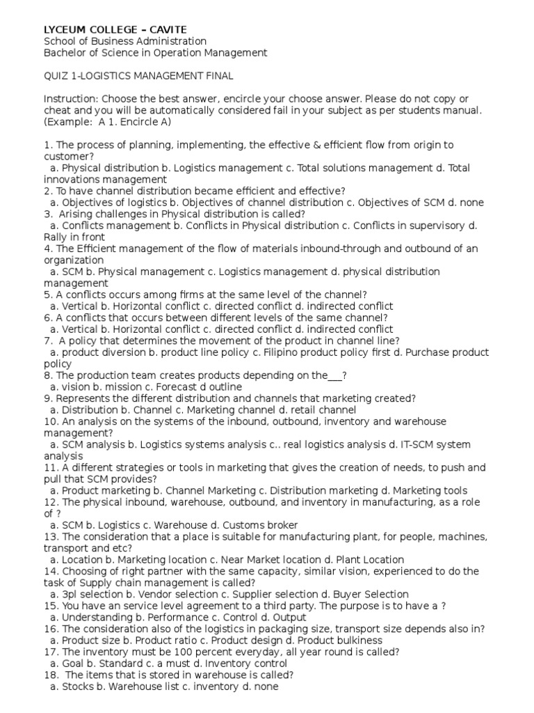 Quiz 1 Prefinal Logistics Management | PDF | Logistics | Supply Chain ...