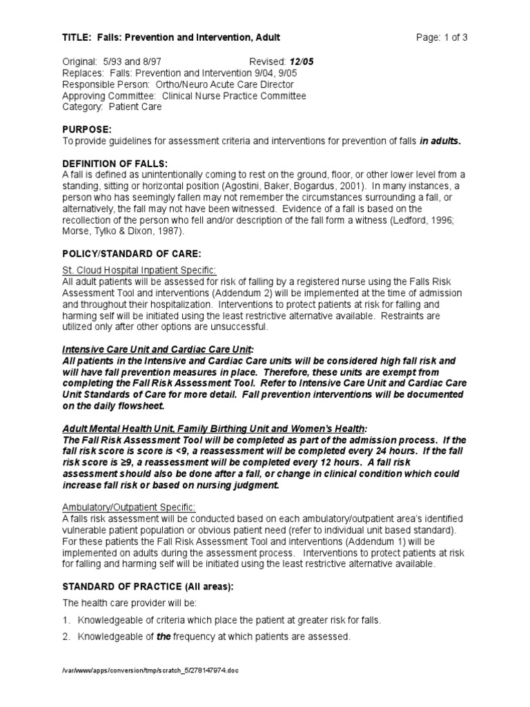 Adult Fall Prevention Guidelines | PDF | Patient | Nursing