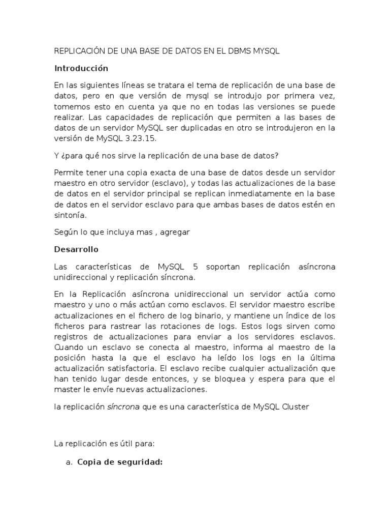 Replicación de Una Base de Datos en El Dbms Mysql | Descargar gratis PDF | Mi sql | Bases de datos