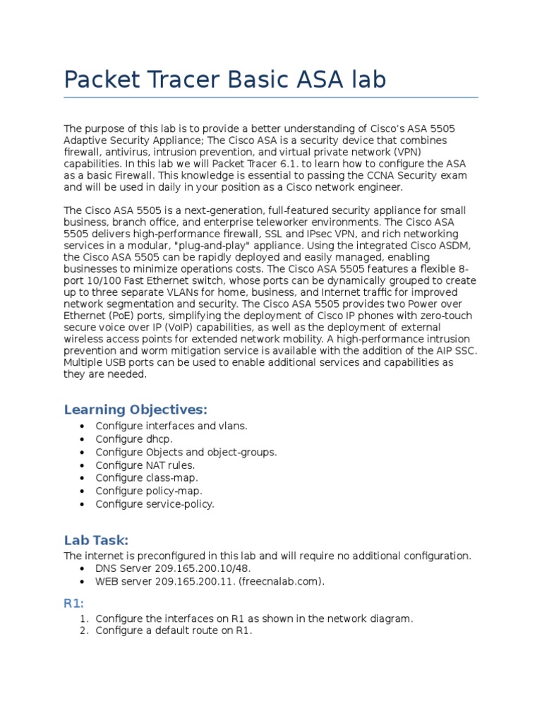 Packet Tracer Basic ASA Lab | PDF | Cisco Systems | Computer Network