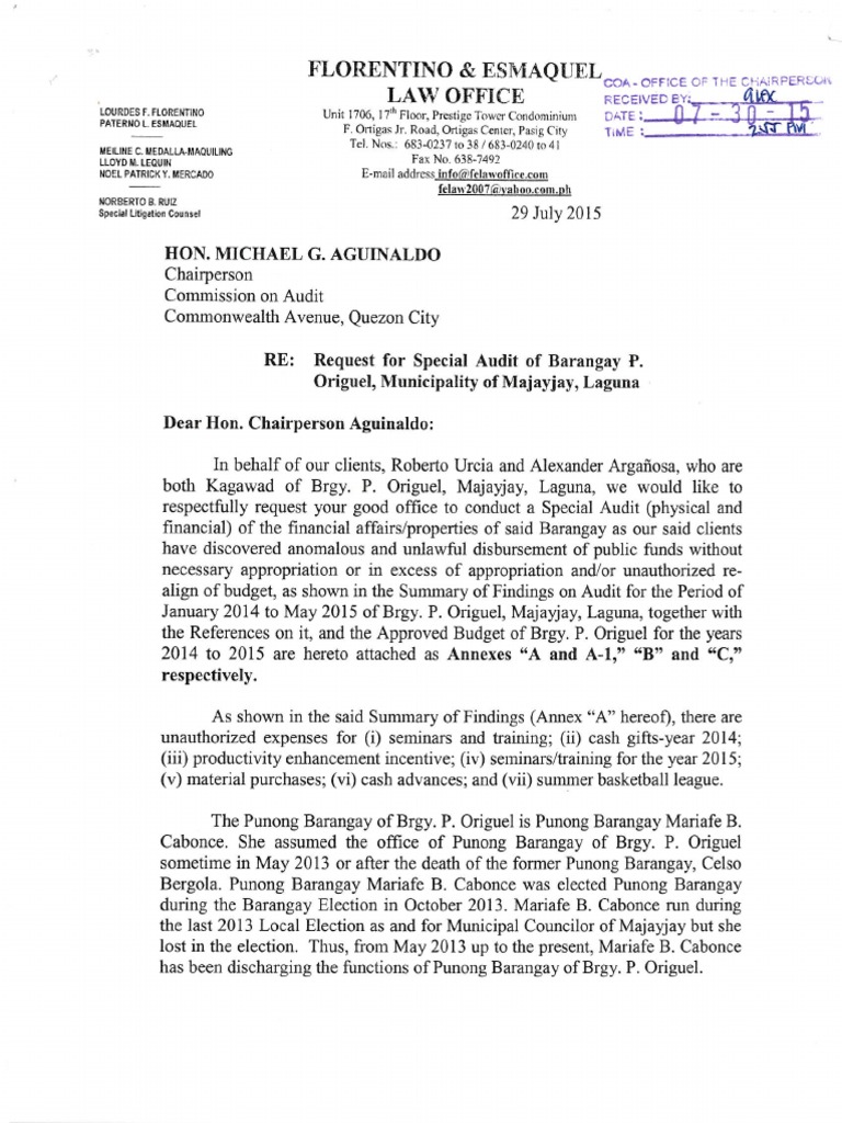 Letter For COA Dated July 29, 2015 | PDF
