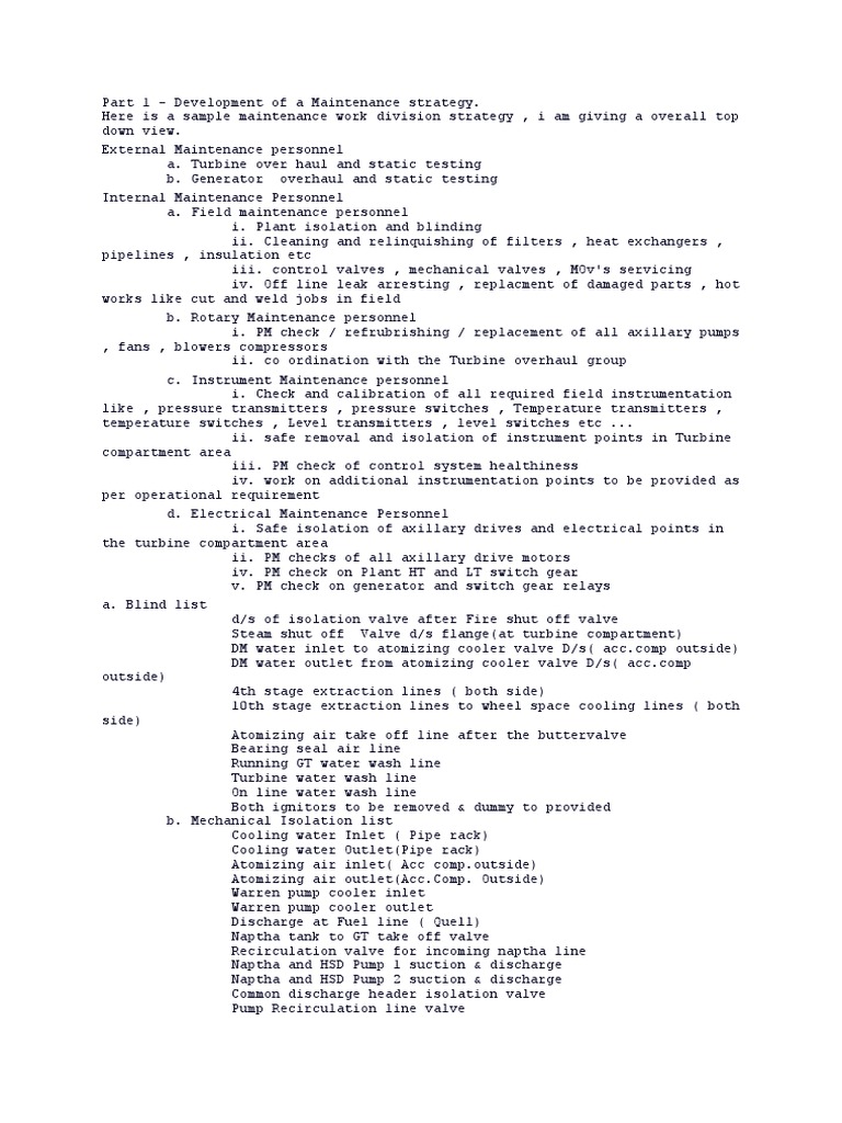Plant Shutdown For Overhaul To Do List | PDF | Gas Turbine | Electric ...