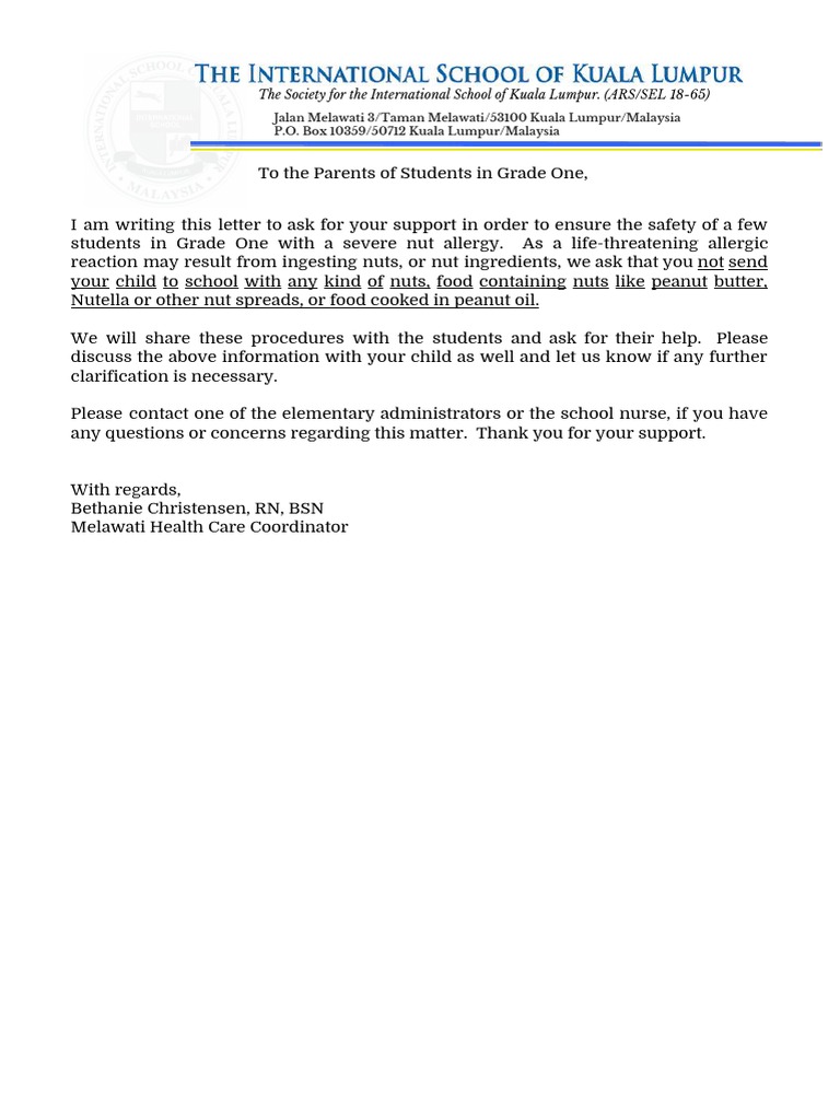 Nut Allergy Letter