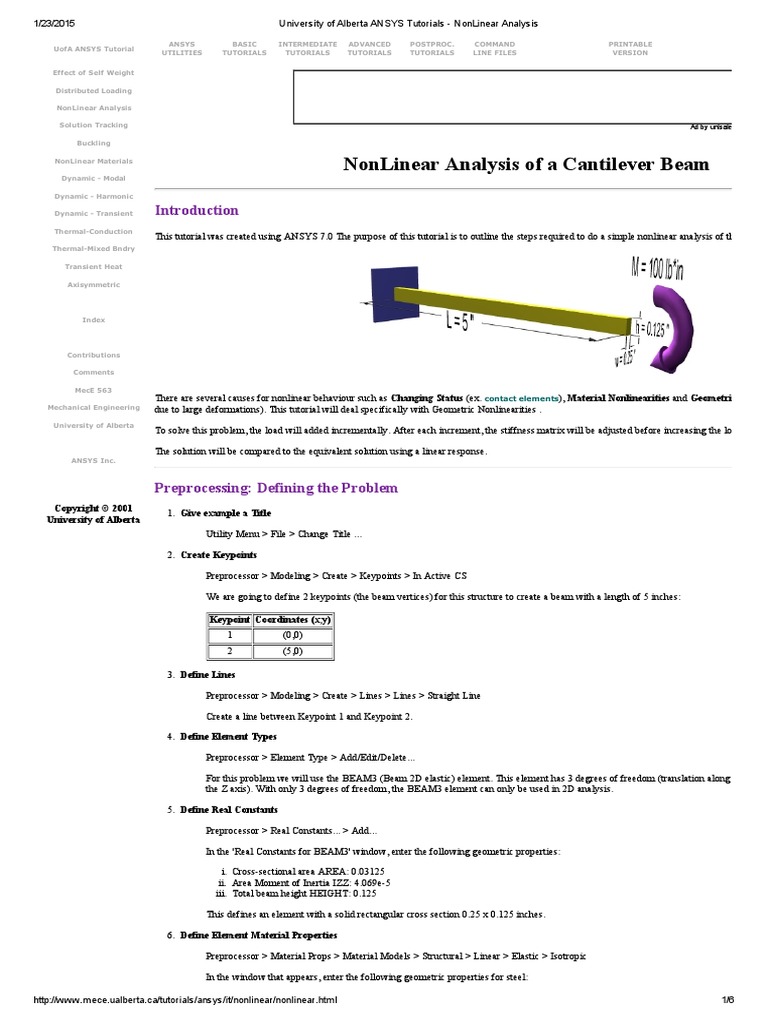 University of Alberta ANSYS Tutorials - NonLinear Analysis | Nonlinear ...