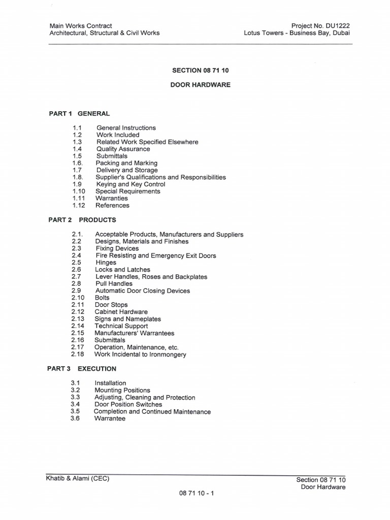 Door Hardware Specification 08 71 10 | PDF | Door | Specification ...