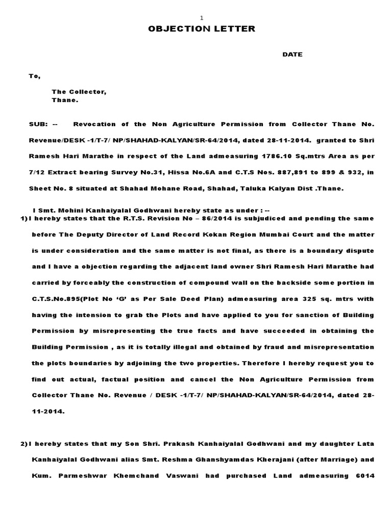 Objection Letter for Land Permission Thane | PDF | Common Law | Private Law