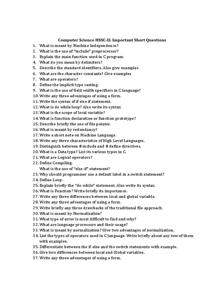 Computer Science Hssc Ii Important Short Questions Pdf C Programming Language Subroutine