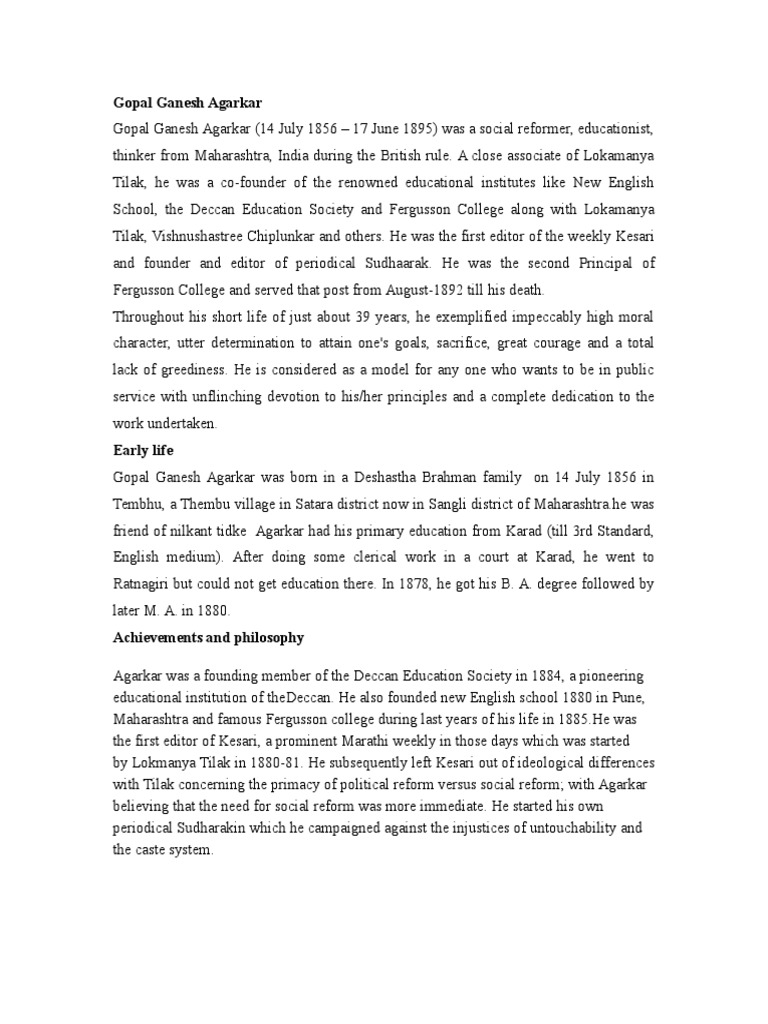 Gopal Ganesh Agarkar Swami Vivekananda Information | Swami Vivekananda ...