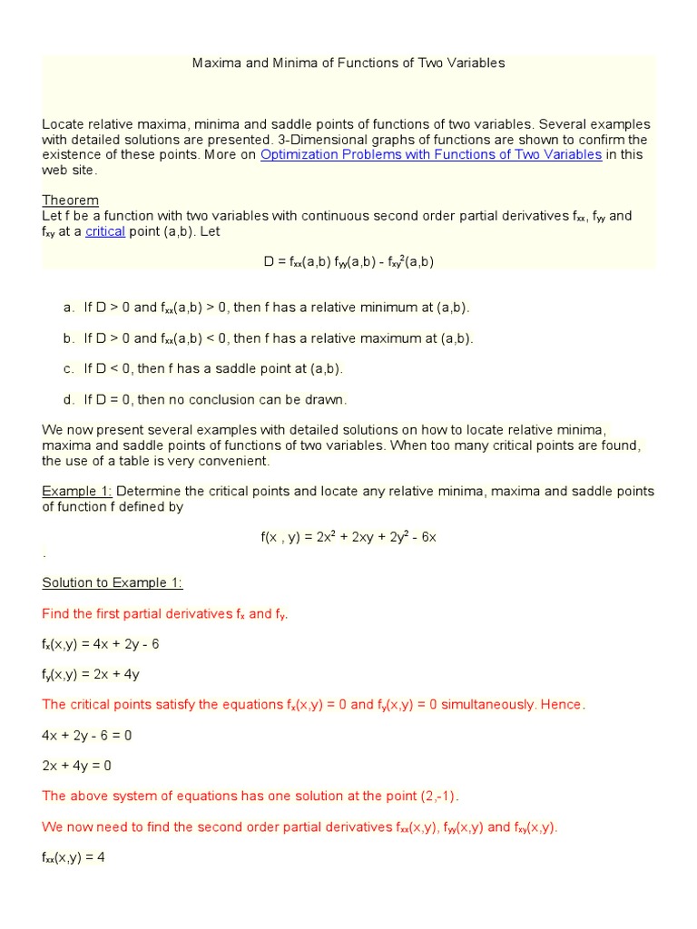 Maxima and Minima of Functions of Two Variables Calculus 3 | PDF ...
