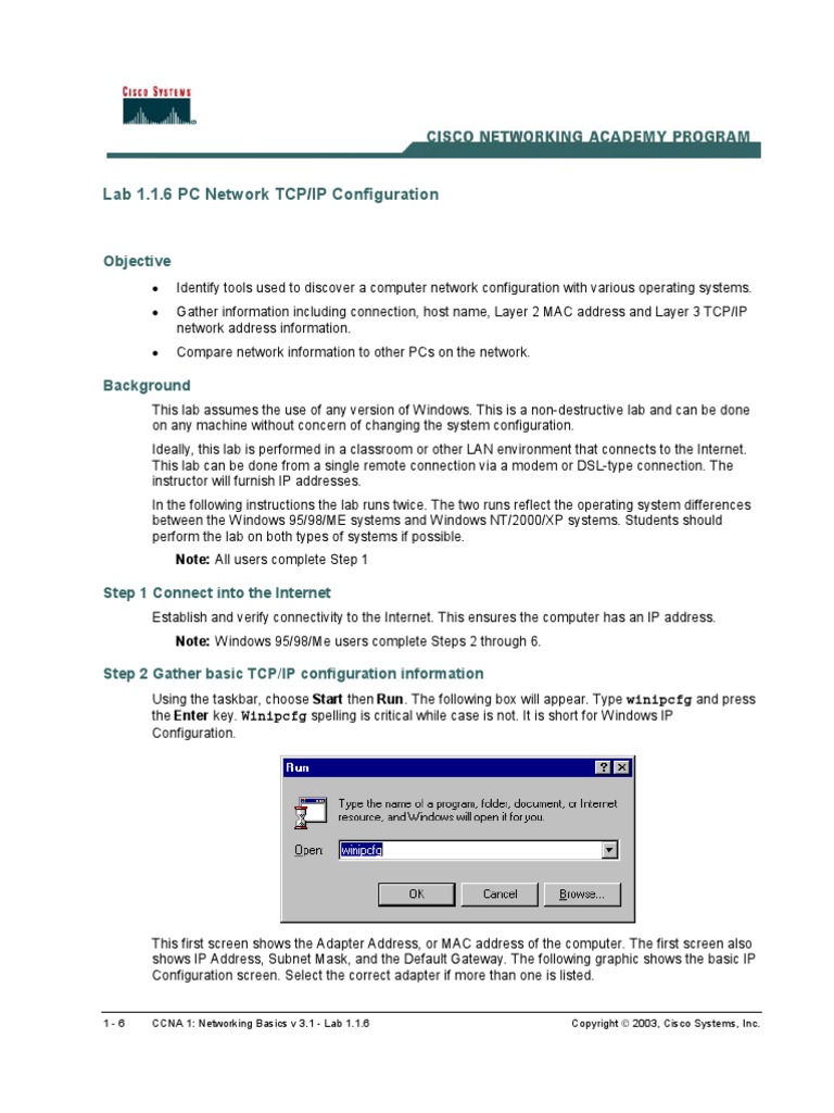 CCNA1 Lab 1 1 6 en | PDF | Gateway (Telecommunications) | Ip Address
