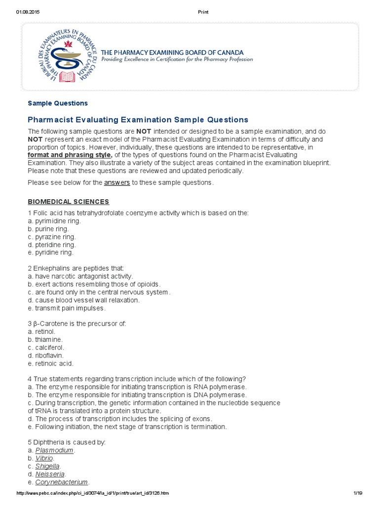 PEBC Sample Questions | PDF | Type I And Type Ii Errors | Pharmacy