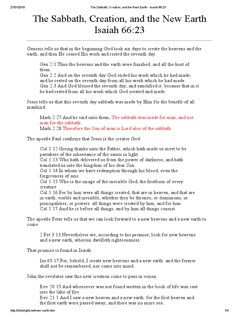 The Sabbath, Creation, and The New Earth - Isaiah 66 - 23 PDF | PDF ...