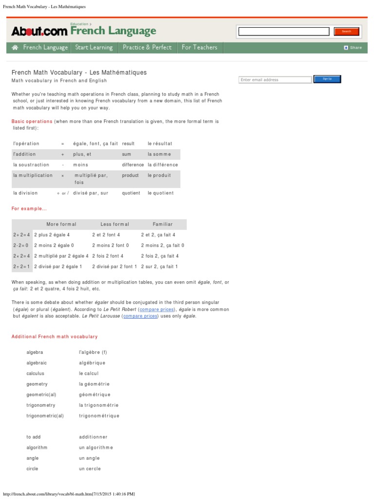 French Math Vocabulary - Les Mathématiques | PDF | Fonction ...