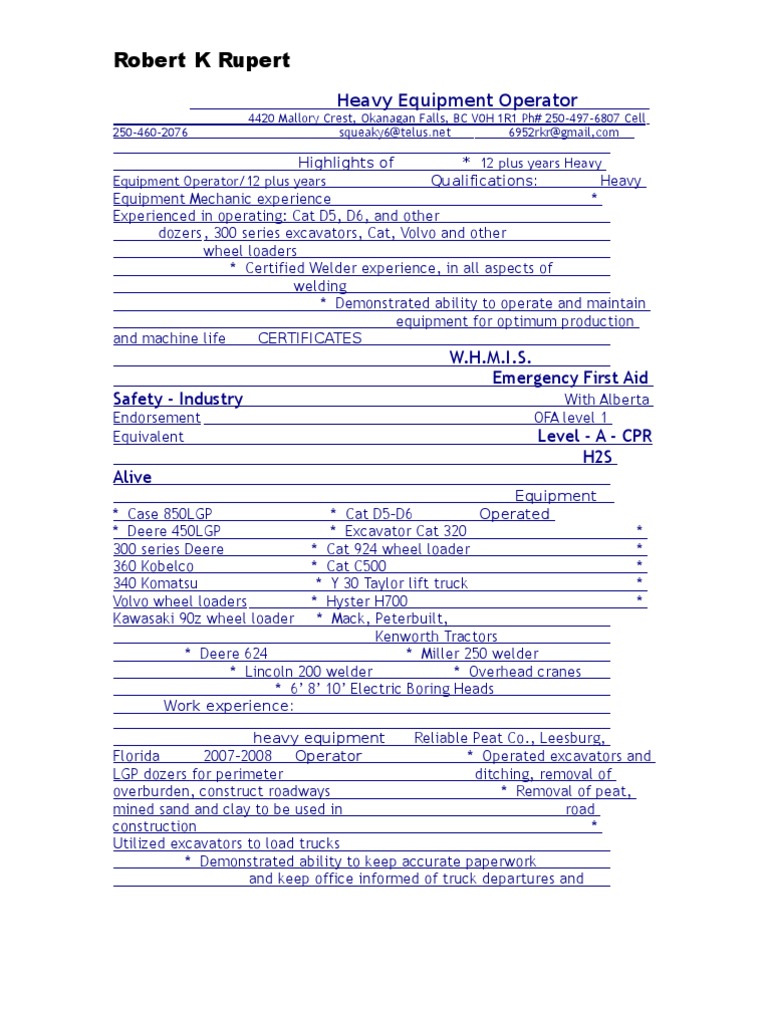 New Heavy Equipment Operator With Certificates | PDF | Loader ...