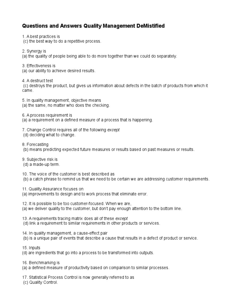 Questions and Answers Quality Management DeMistified | PDF | Quality ...