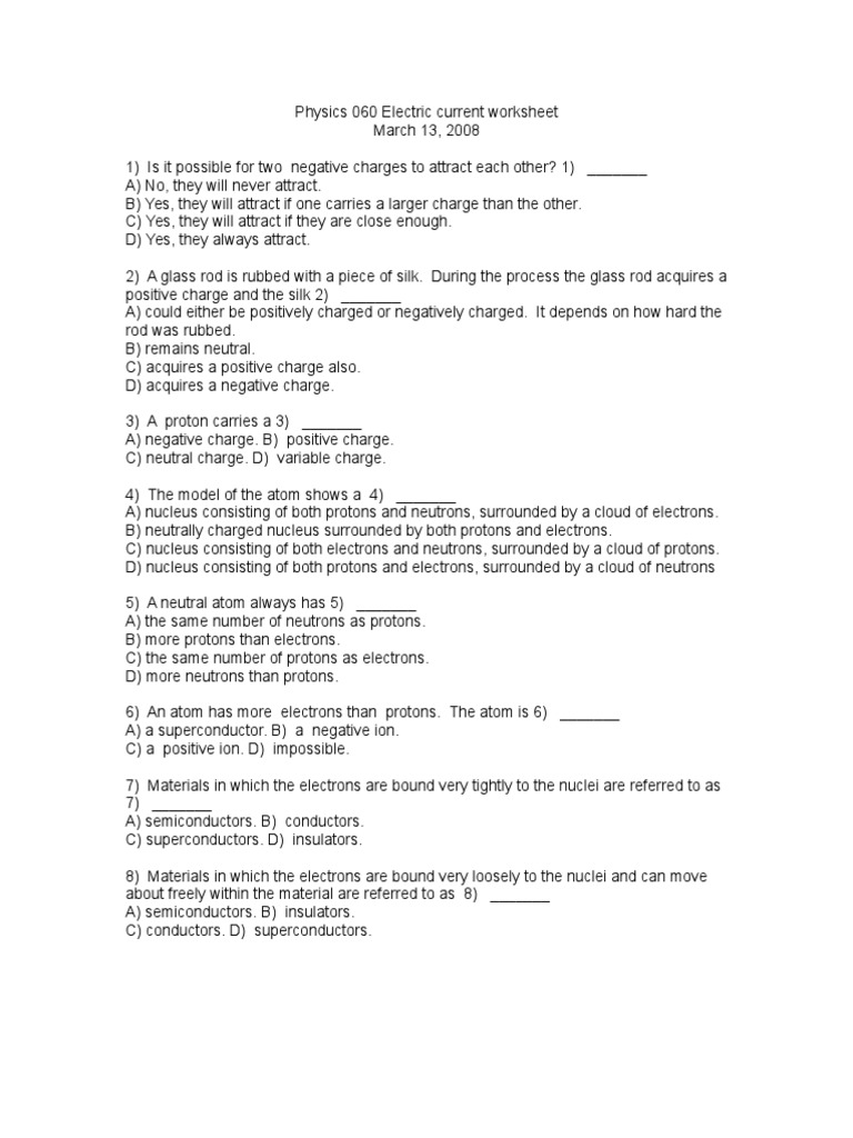060 Electric Current Worksheet | PDF | Electric Charge | Atomic Nucleus