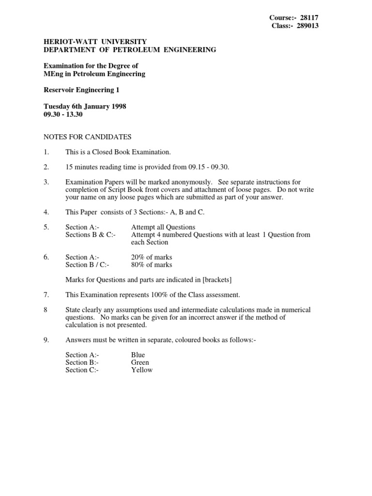 Petroleum Engineering Exam Instructions | PDF