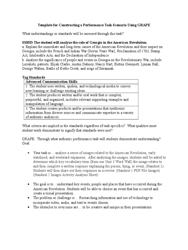 Performance Task Scenario: American Revolution | PDF | American ...