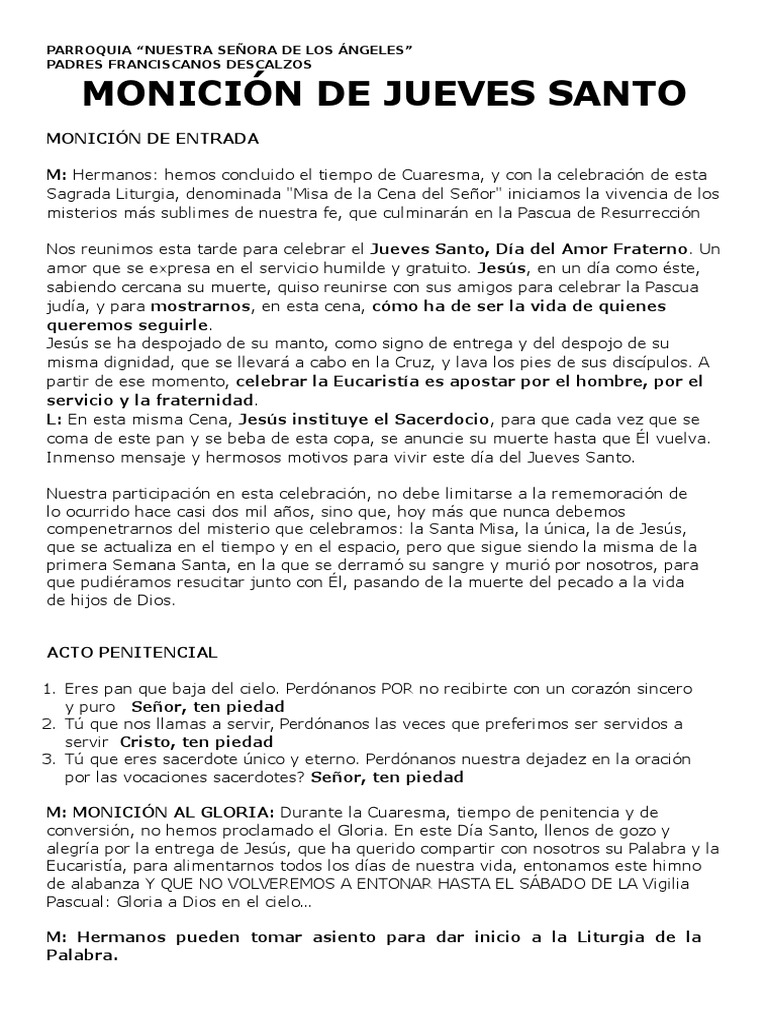 Monición de Jueves Santo | PDF | eucaristía | Misa (liturgia)