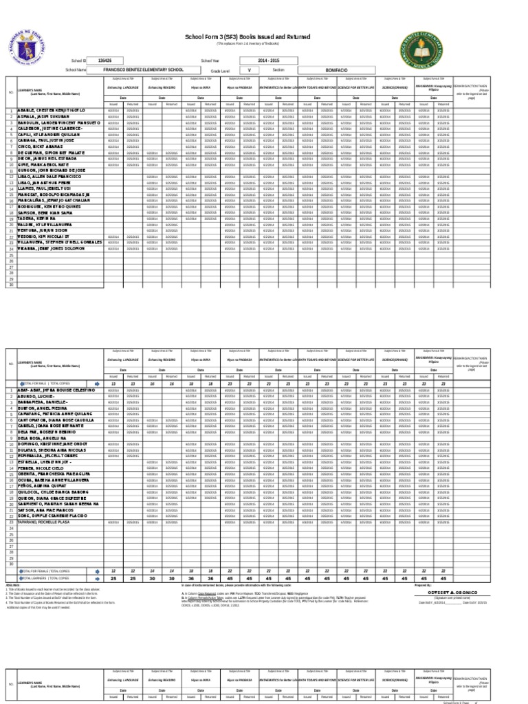 School Form 3 (SF3) Books Issued and Returned: 136426 2014 - 2015 V ...