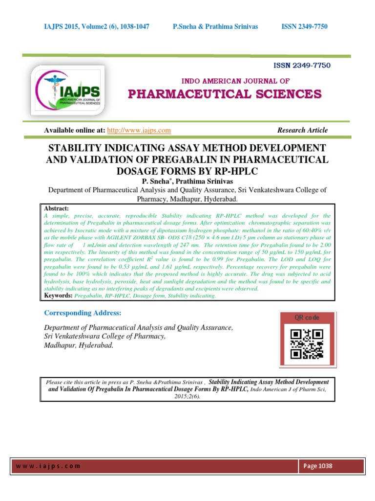 STABILITY INDICATING ASSAY METHOD DEVELOPMENT AND VALIDATION OF PREGABALIN IN PHARMACEUTICAL ...