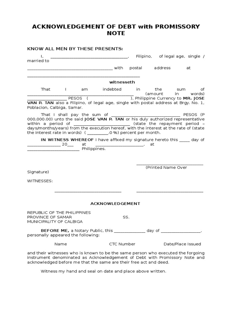 Acknowledgement of Debt With Promissory Note: Know All Men by These ...