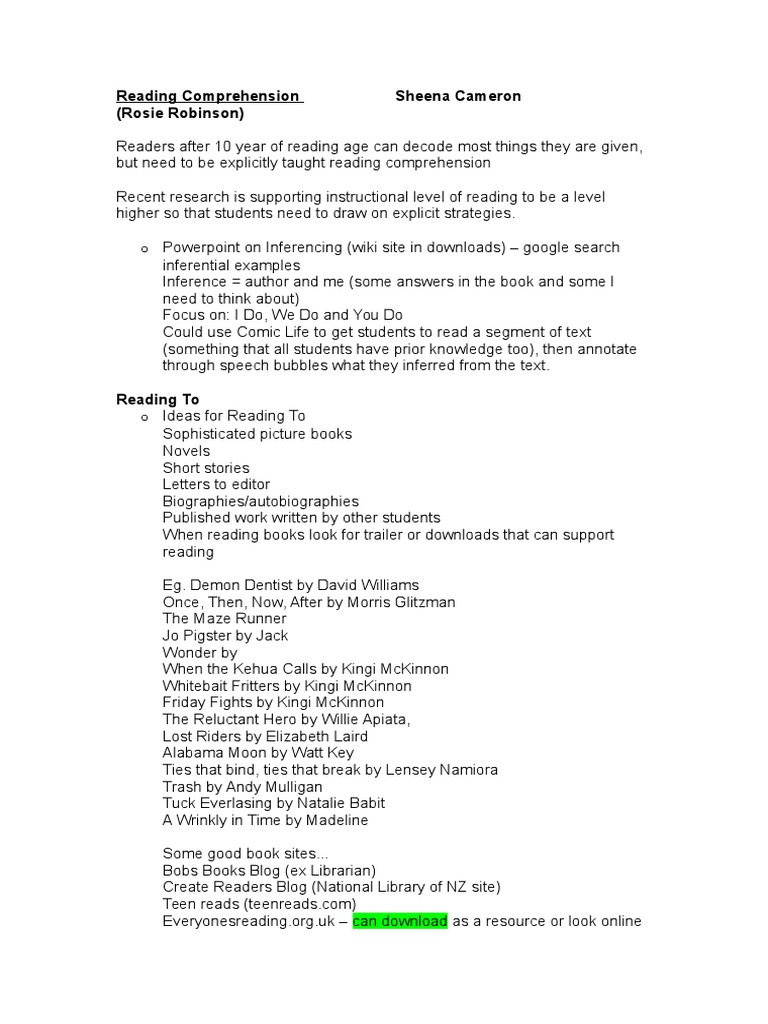 Reading Comprehension - Sheena Cameron | PDF | Reading Comprehension ...