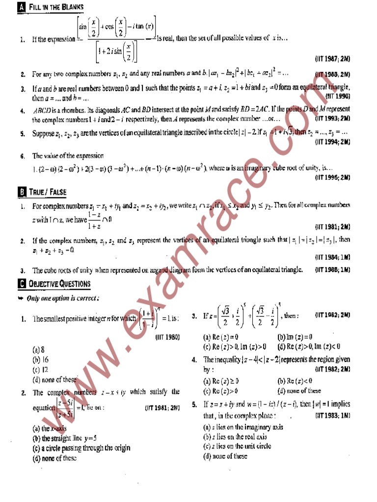 JEE Questions Complex Number PDF | PDF | Complex Number | Euclidean ...