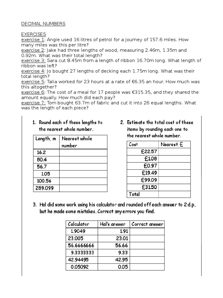 Decimal Number Exercises for Practice | PDF