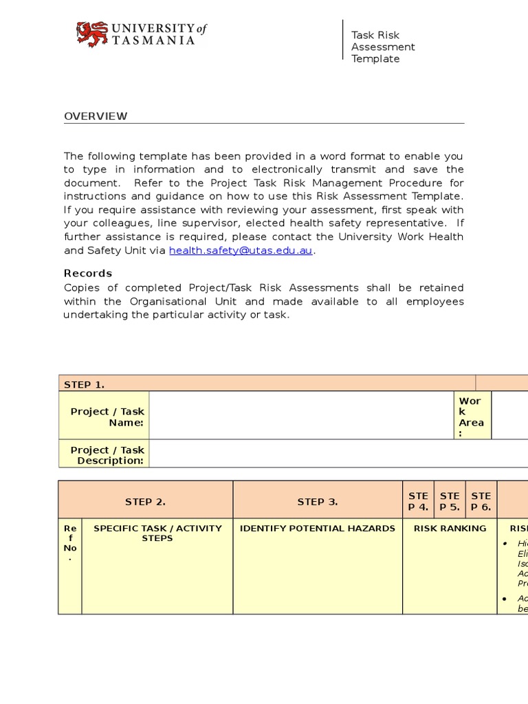 Task Risk Assessment Template | Risk Assessment | Risk
