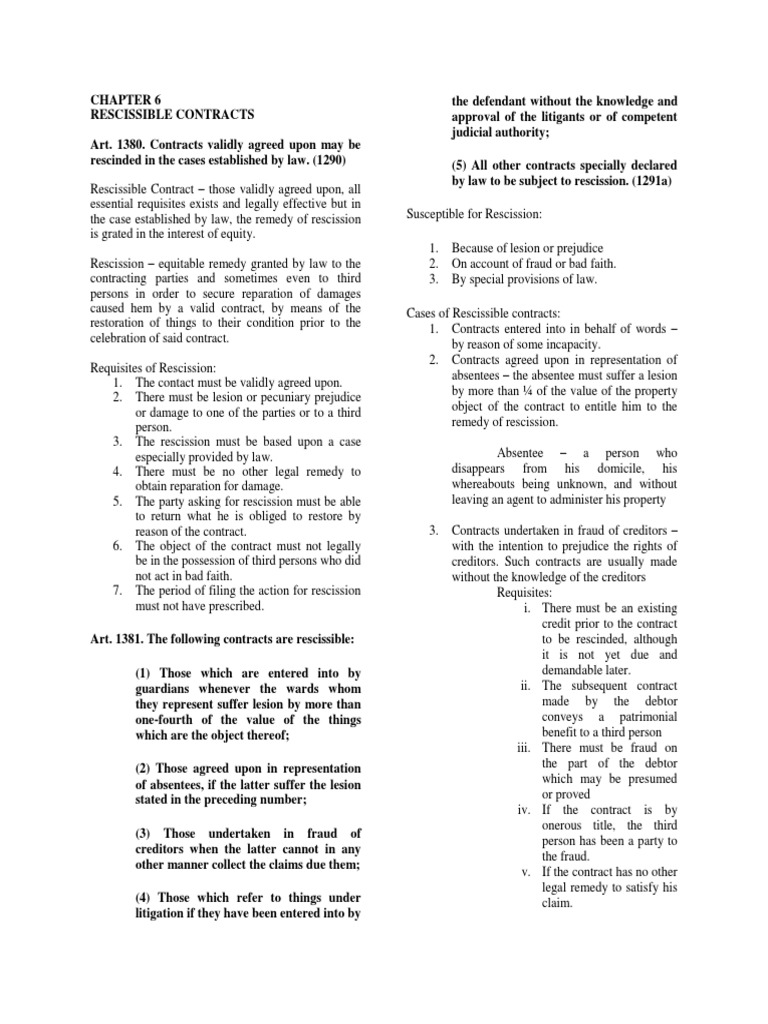 CONTRACTS_CHAPTER 6 Rescissible Contracts | Rescission | Fraud