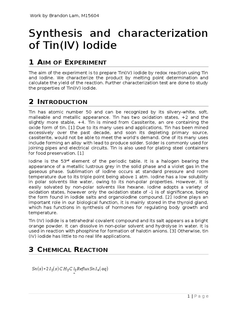 Synthesis and Characterization of Tin Iodide | PDF | Tin | Iodine