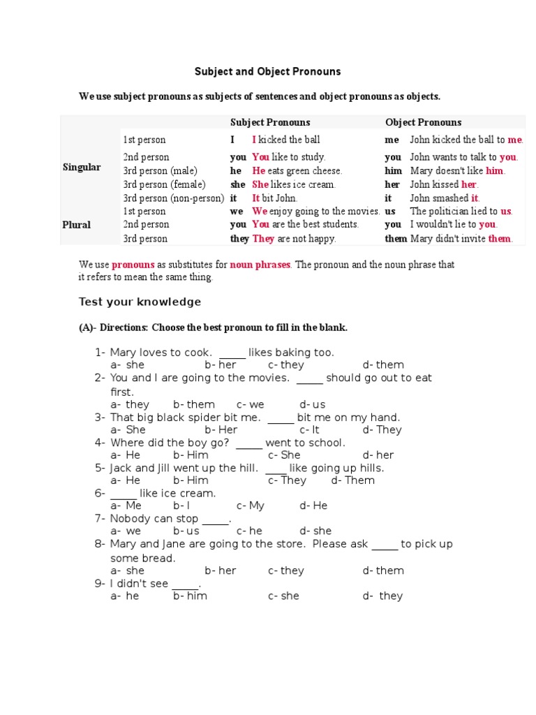 Subject and Object Pronouns | PDF | Pronoun | Subject (Grammar)