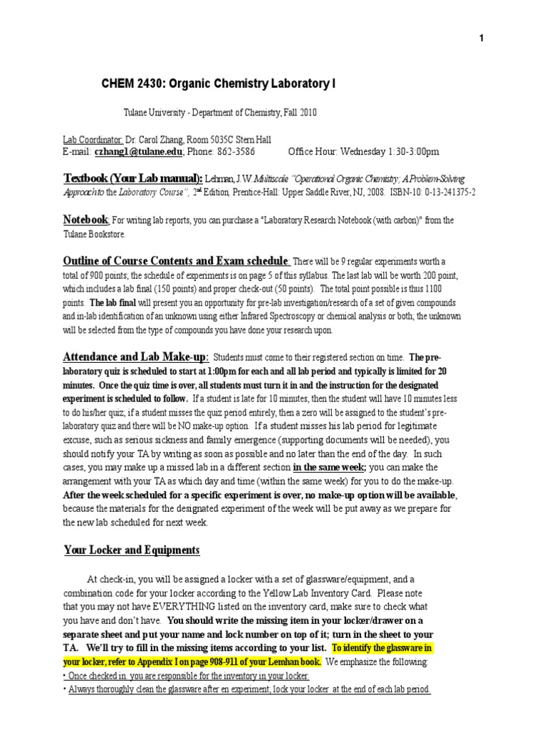 Organic Chemistry Tulane Syllabus | PDF | Experiment | Laboratories