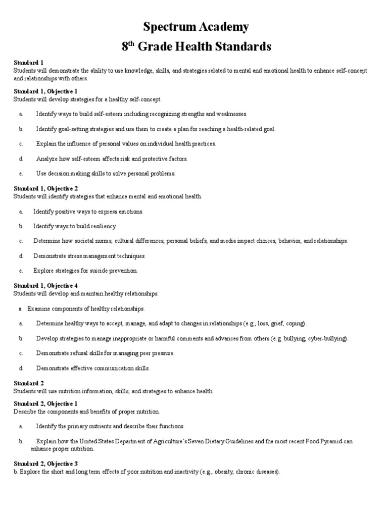 8th Grade Health Standards Spectrum | PDF | Substance Abuse | Behavior