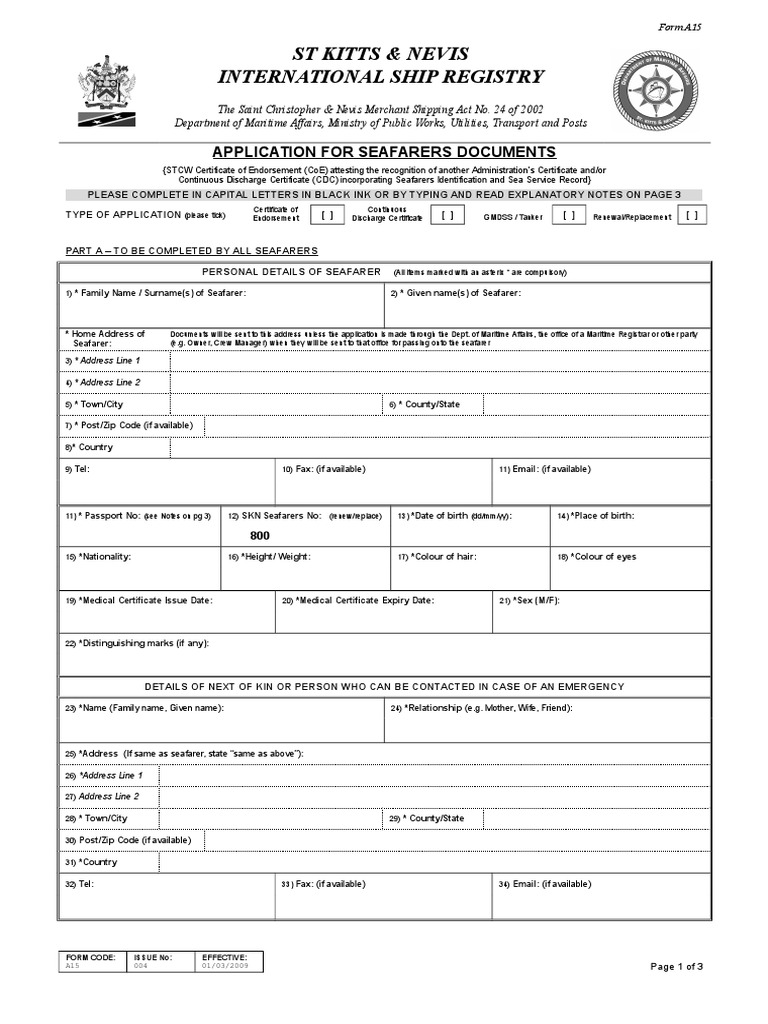 Form A15 - Application For Seafarers Documents | PDF | Passport | Sailor