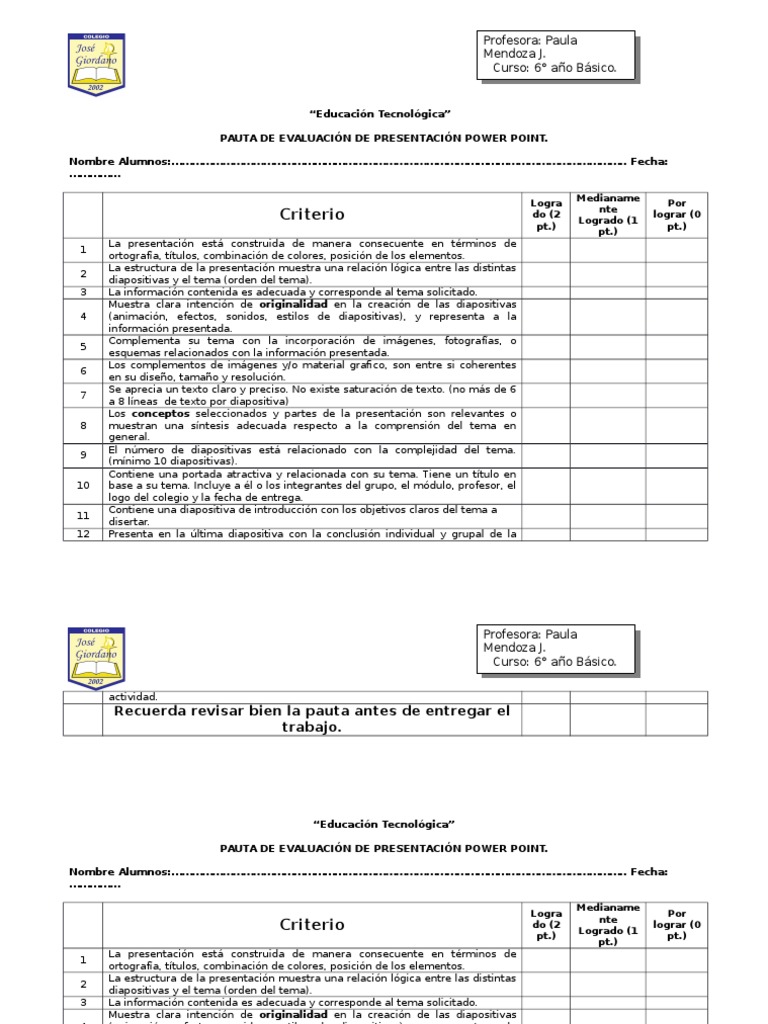 pauta-de-evaluacion-de-presentacion-power-point 6° AÑO.docx | Microsoft PowerPoint | Complejidad