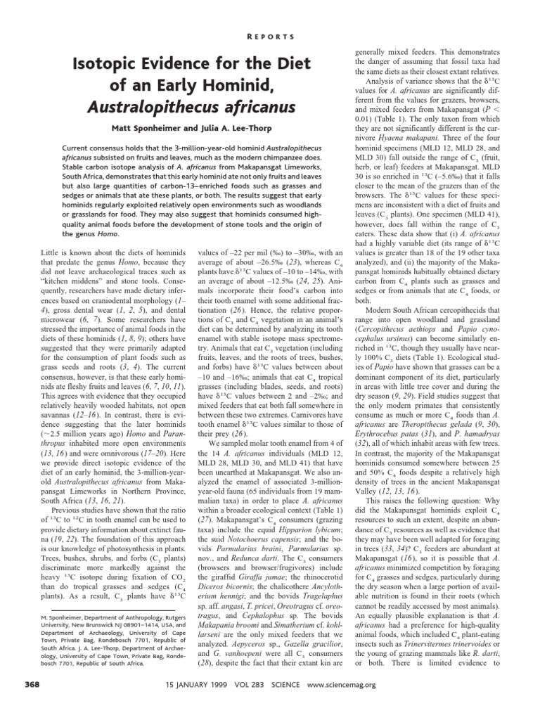 Australopithecus Africanus: Isotopic Evidence For The Diet of An Early ...