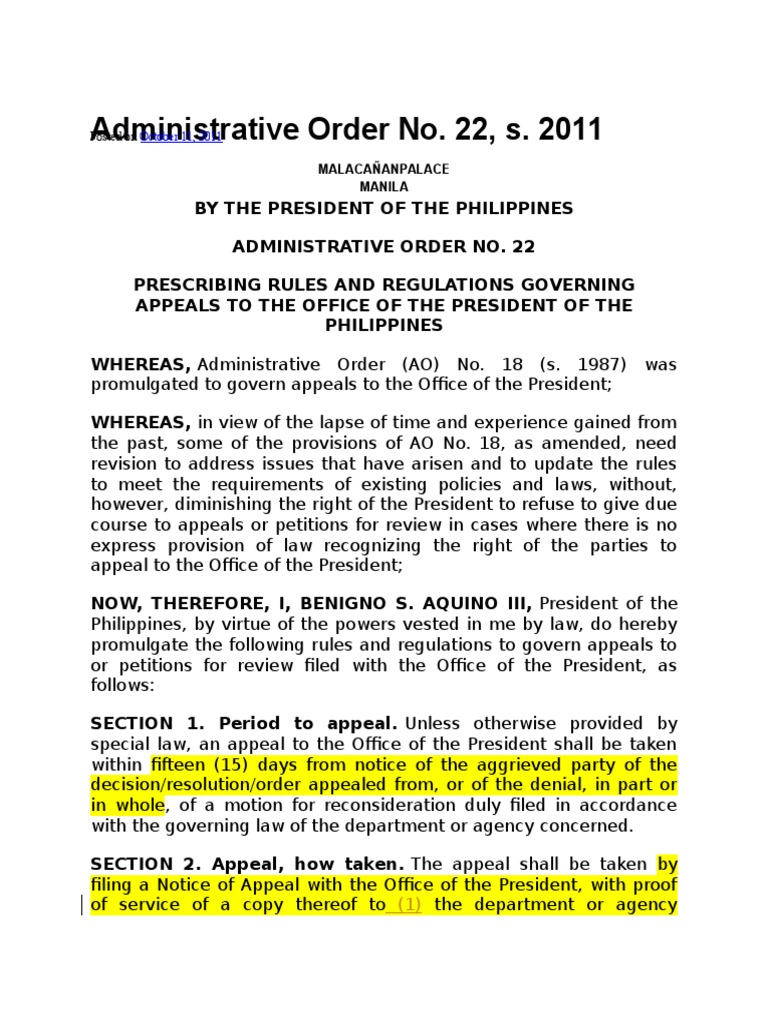 Administrative Order No. 22 (Appeals to Office of the President ...