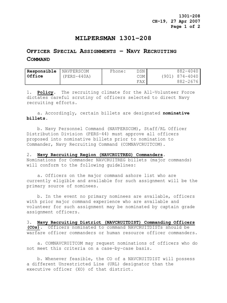 MILPERSMAN 1301-208 O S A - N R C: Fficer Pecial Ssignments AVY ...